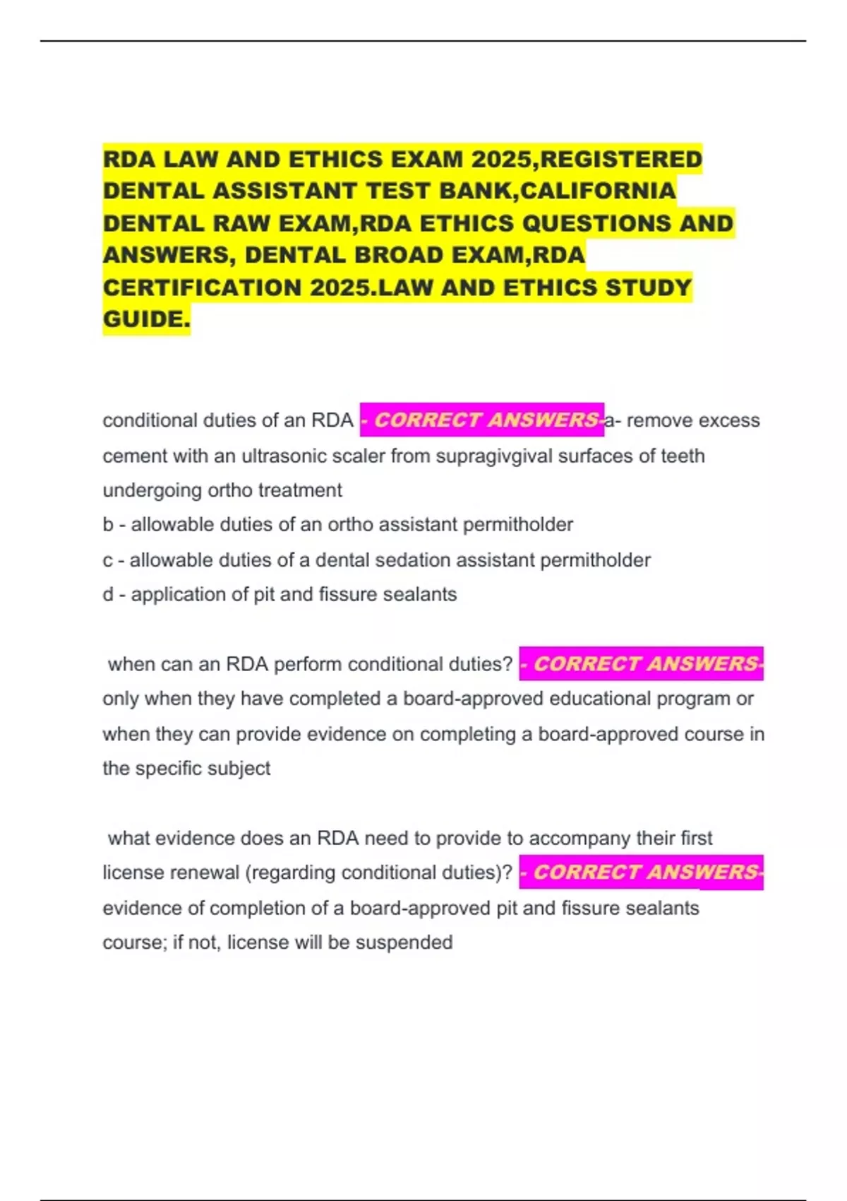 RDA Law and Ethics Exam 2025, - RDA Law and Ethics - Stuvia US