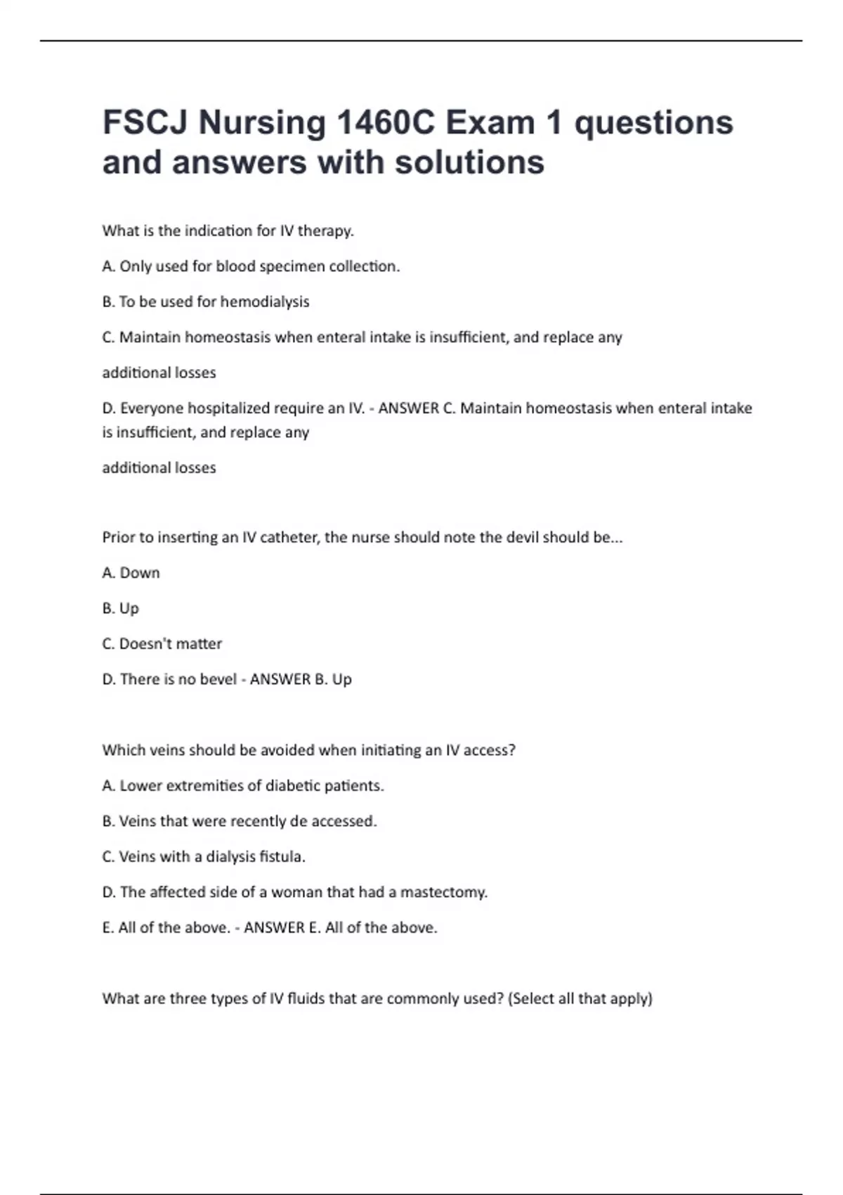 FSCJ Nursing 1460C Exam 1 questions and answers with solutions ...