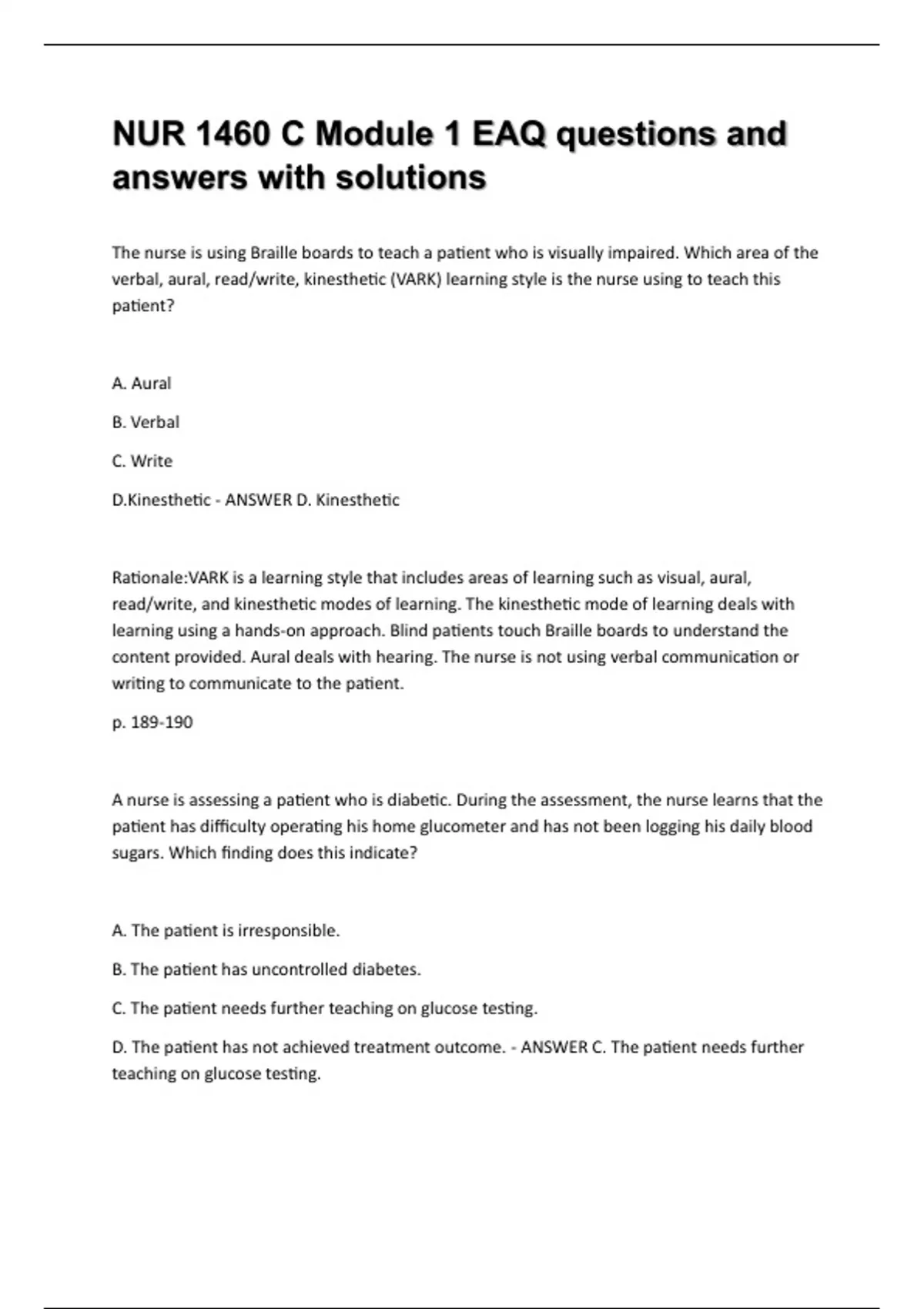 NUR 1460 C Module 1 EAQ questions and answers with solutions - NUR1460 ...