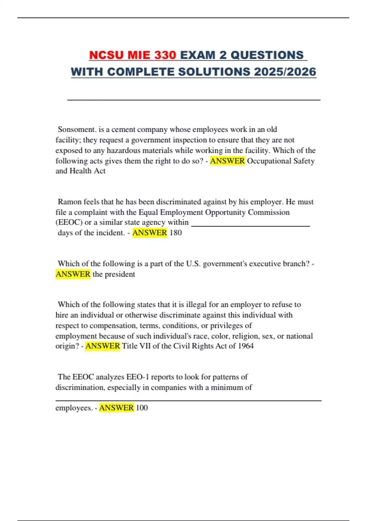 NCSU MIE 330 – Exam 2 Questions with Complete Solutions (2025/2026) – Human Resource Management ...