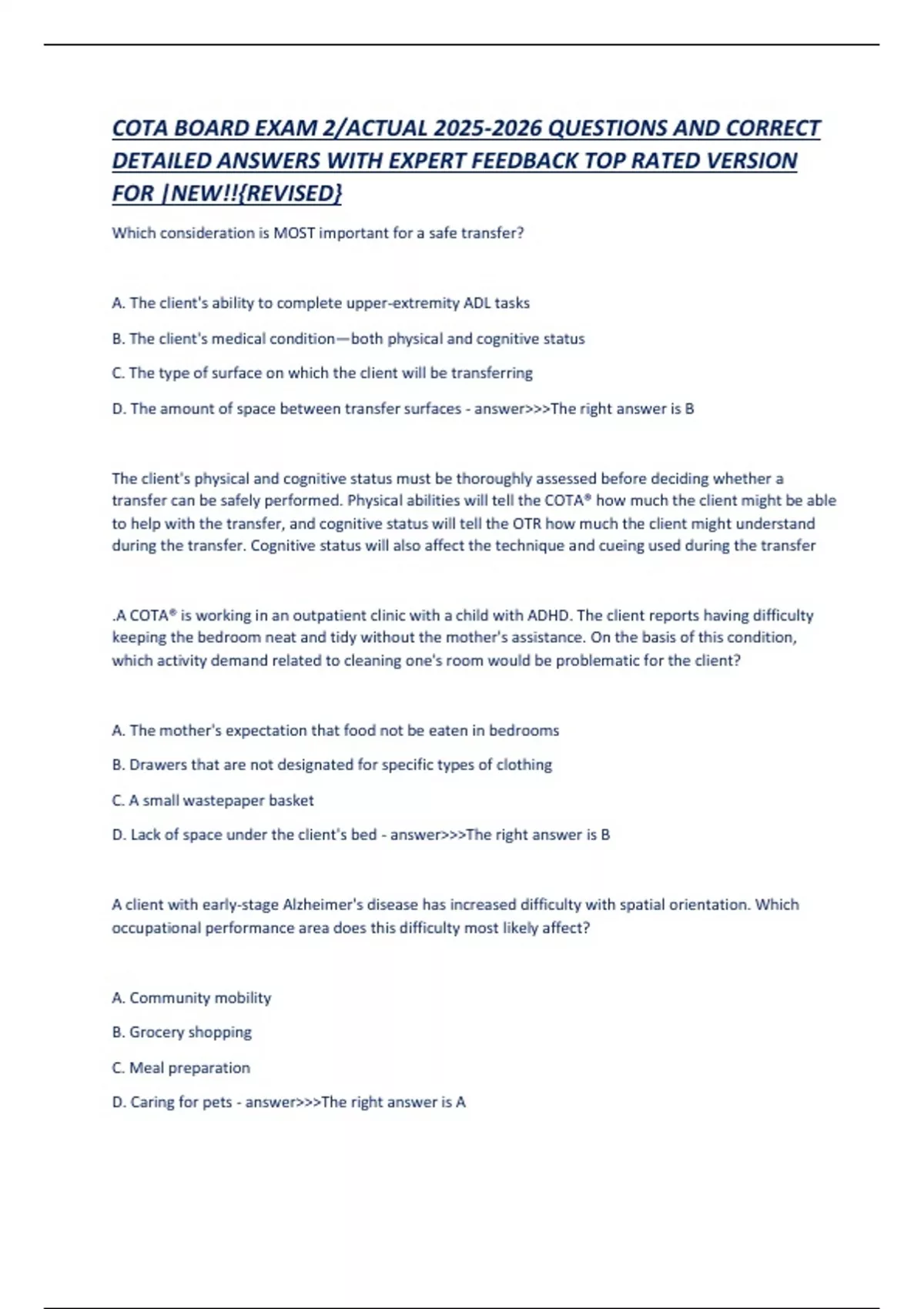 COTA Board Exam 2 – Actual 2025–2026 Questions with Detailed Correct ...