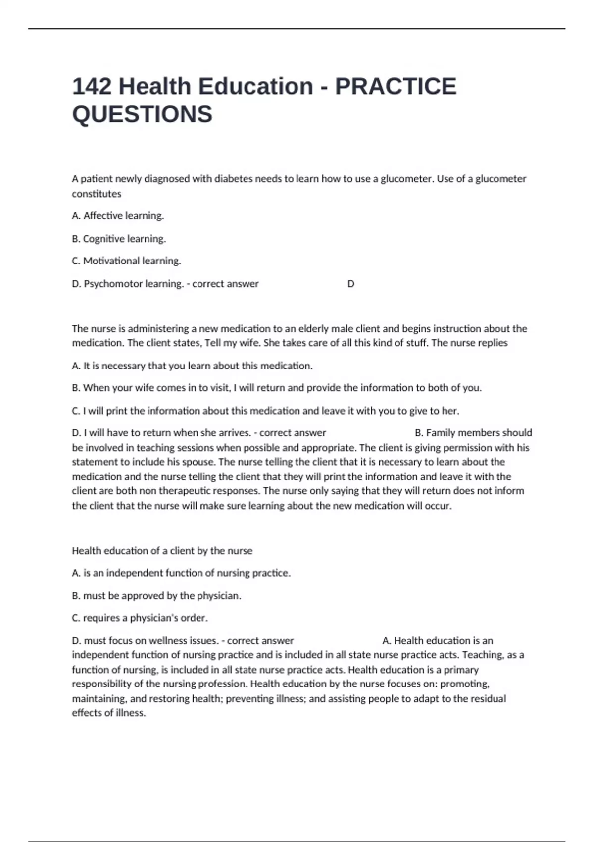 142 Health Education - PRACTICE QUESTIONS WITH ALL COMPLETE AND ...