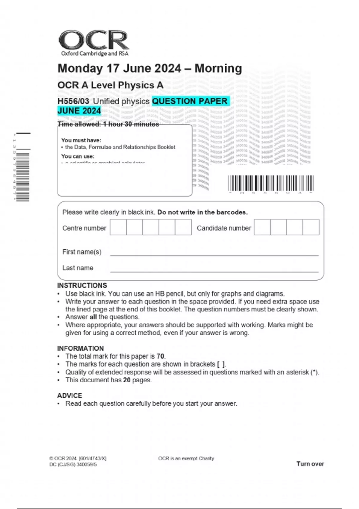OCR A Level Physics A H556/03 Unified physics QUESTION PAPER JUNE 2024 ...