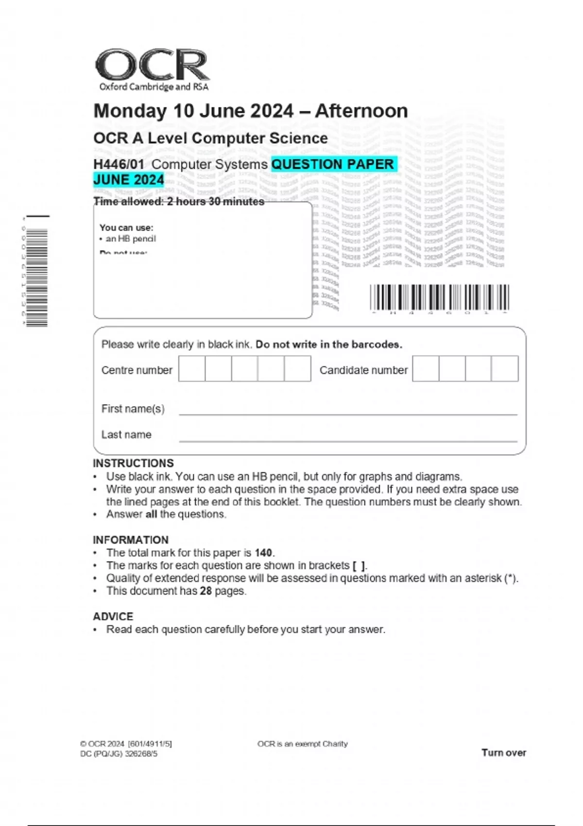 OCR A Level Computer Science H446/01 Computer Systems QUESTION PAPER ...