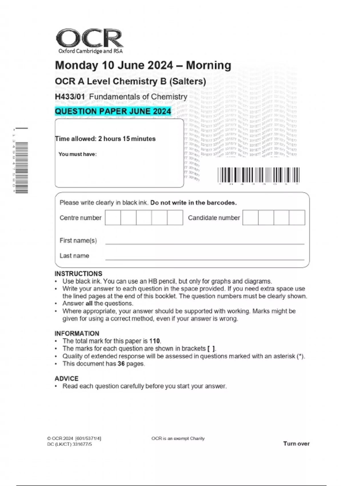 OCR A Level Chemistry B (Salters) H433/01 Fundamentals of Chemistry QUESTION PAPER JUNE 2024 ...