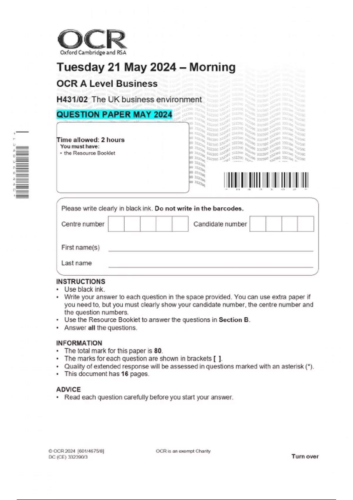 OCR A Level Business H431/02 The UK business environment QUESTION PAPER MAY 2024 - OCR - Stuvia US