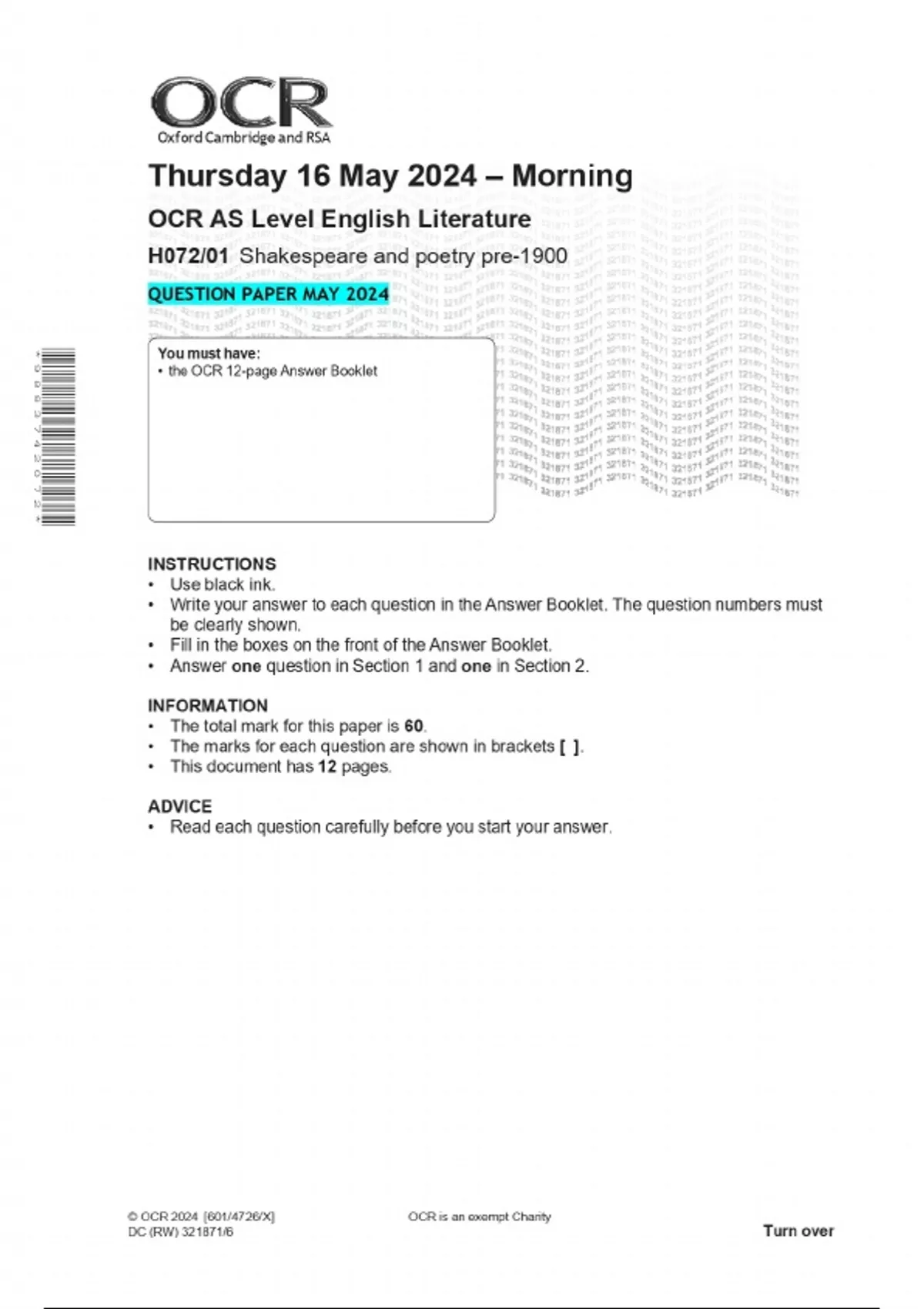 OCR AS Level English Literature H072/01 Shakespeare and poetry pre-1900 QUESTION PAPER MAY 2024 ...