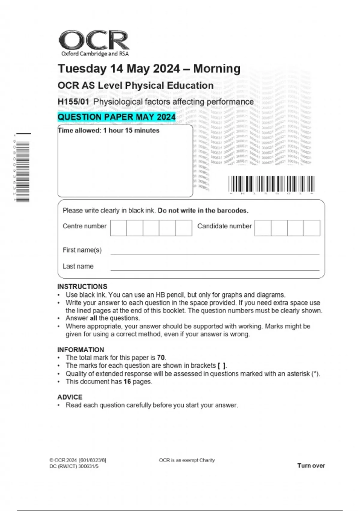 OCR AS Level Physical Education H155/01 Physiological factors affecting performance QUESTION ...