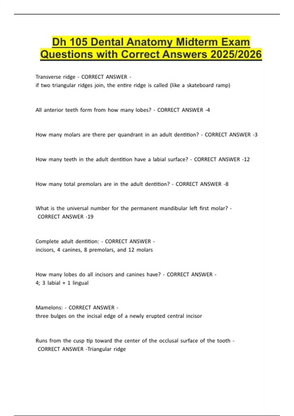 Dh 105 Dental Anatomy Midterm Exam Questions with Correct Answers 2025 ...