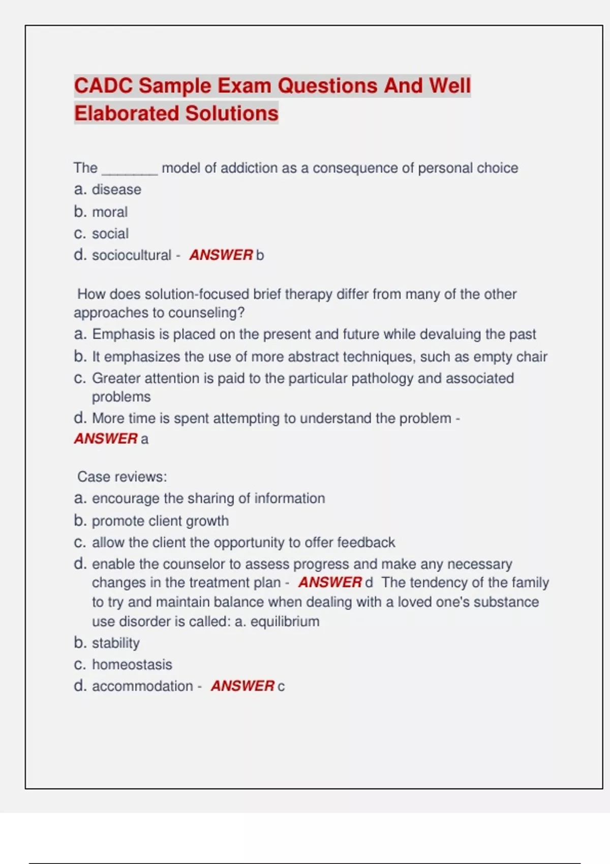 CADC Sample Exam Questions And Well Elaborated Solutions - CADC - Stuvia US