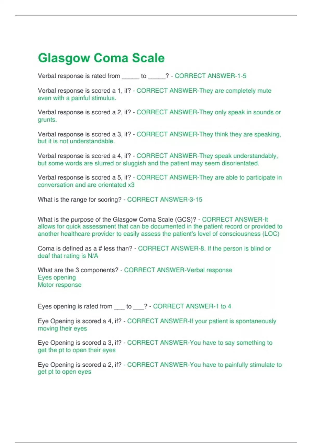 Glasgow Coma Scale Questions + Answers Graded A+ - Glasgow Coma Scale ...
