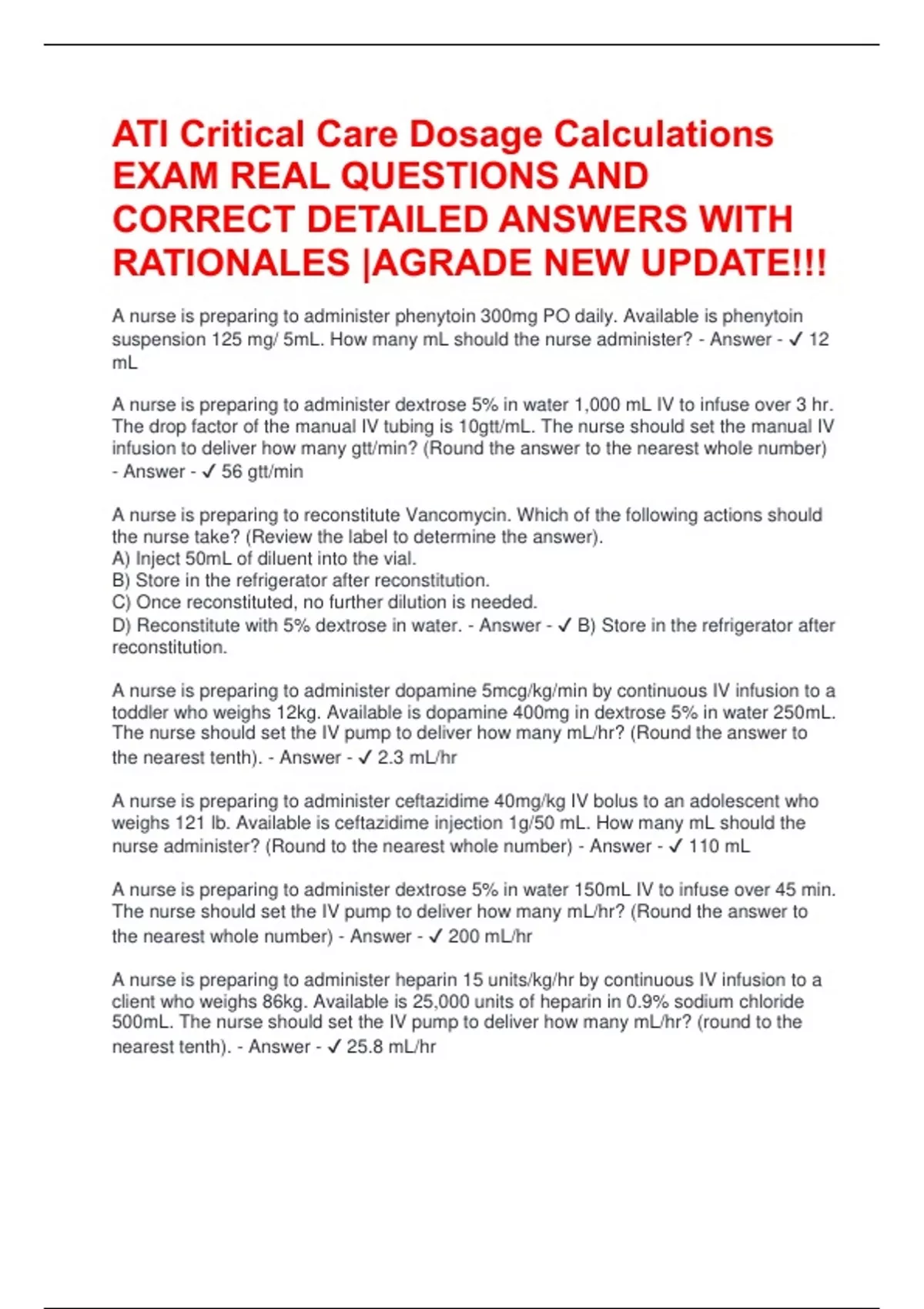 ATI Critical Care Dosage Calculations EXAM REAL QUESTIONS AND CORRECT ...
