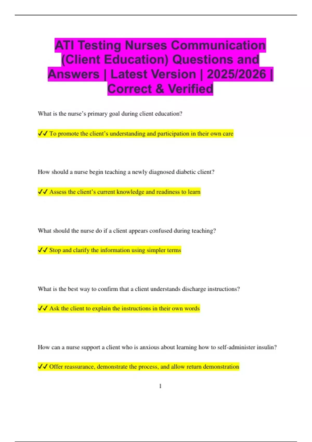 ATI Testing Nurses Communication (Client Education) Questions and ...