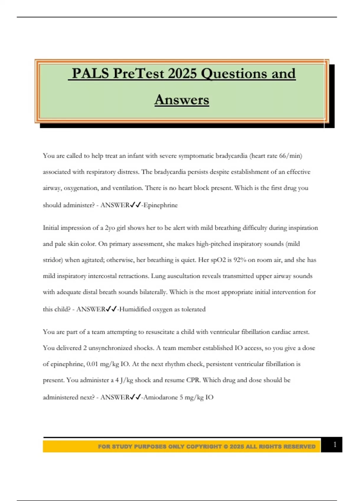 PALS PreTest 2025 Questions and Answers - AHA-PALS - Stuvia US