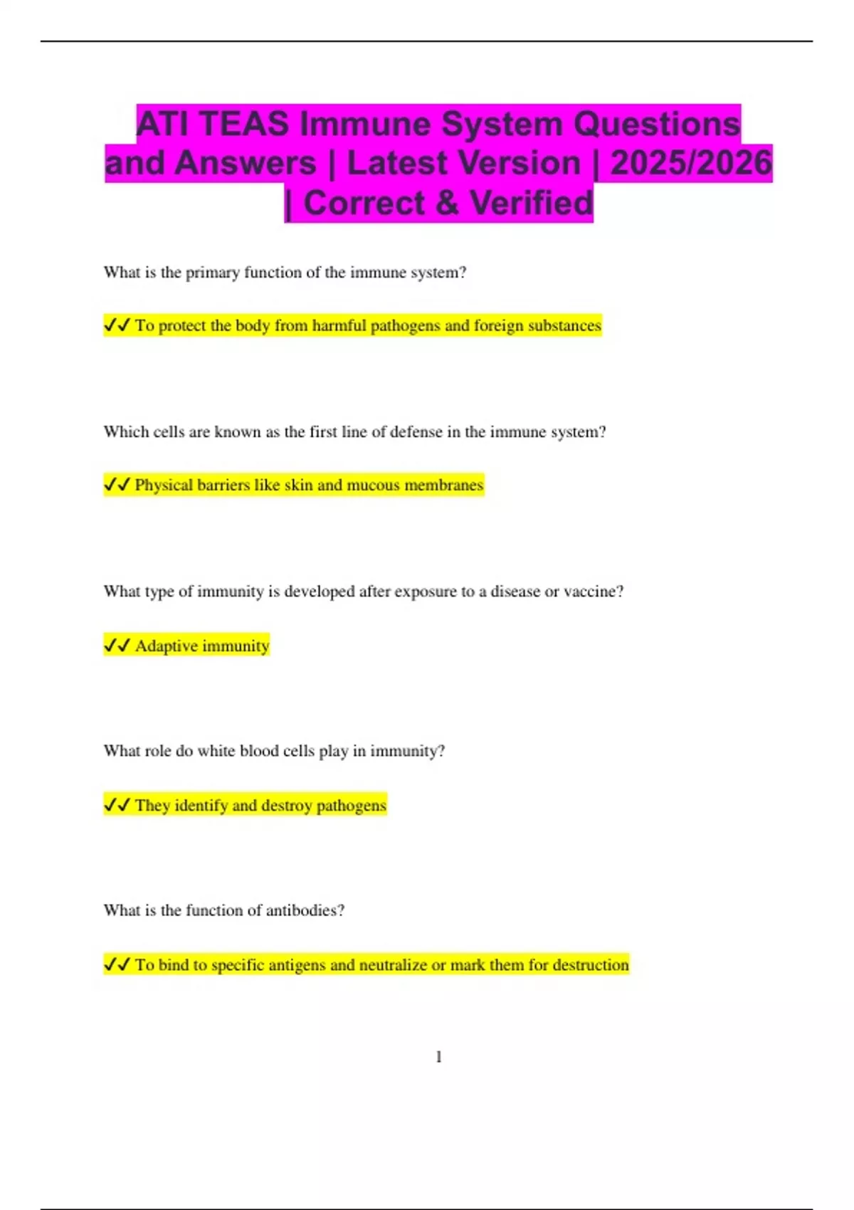 ATI TEAS Immune System Questions and Answers | Latest Version | 2025/ ...