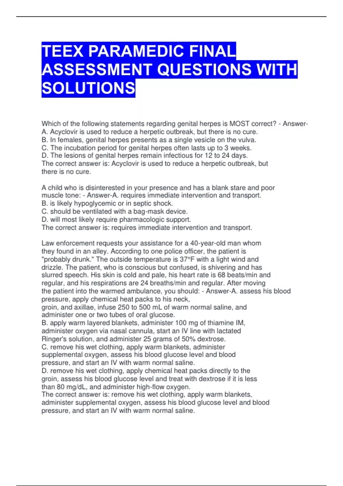 Bundle For TEEX PARAMEDIC MEDICATION EXAM- PRECAUTIONS AND SIDE EFFECTS ...