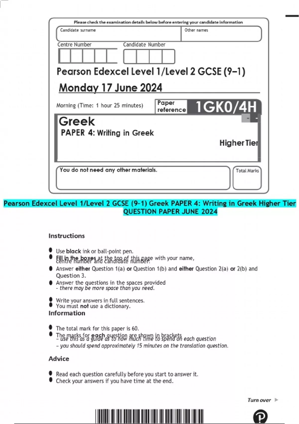 Pearson Edexcel Level 1/Level 2 GCSE (9–1) Greek PAPER 4: Writing in ...