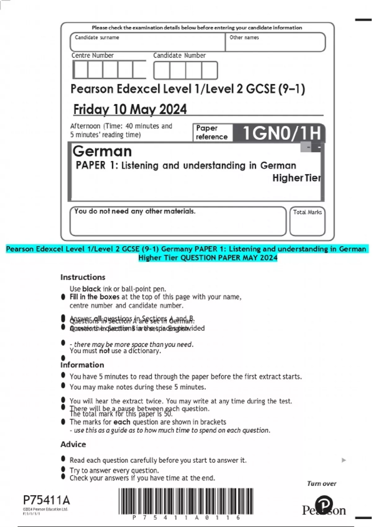 Pearson Edexcel Level 1/Level 2 GCSE (9–1) Germany PAPER 1: Listening ...