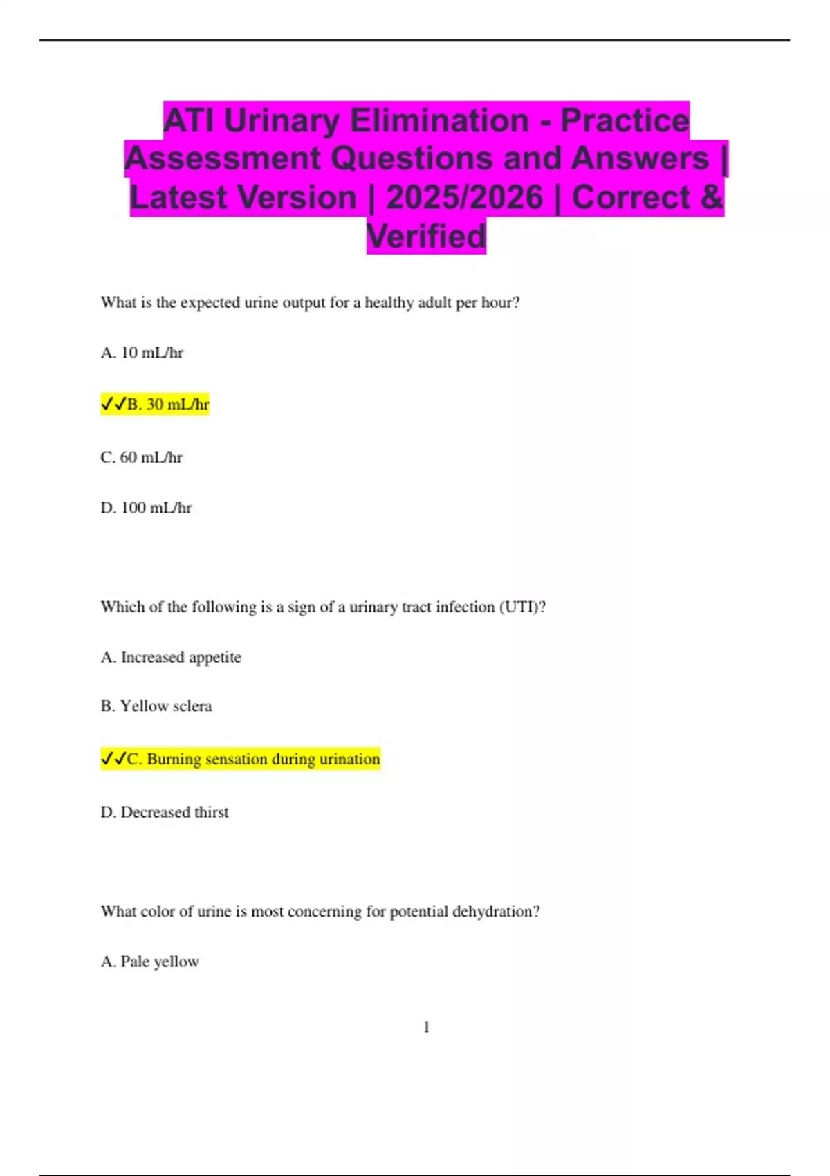 ATI Urinary Elimination - Practice Assessment Questions and Answers ...