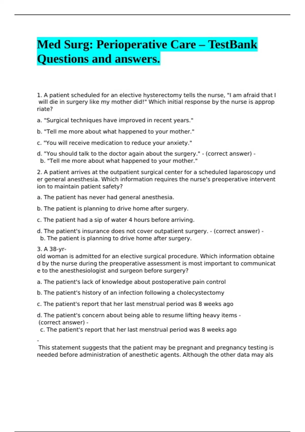 Med Surg Perioperative Care – TestBank Questions and answers - Relias ...