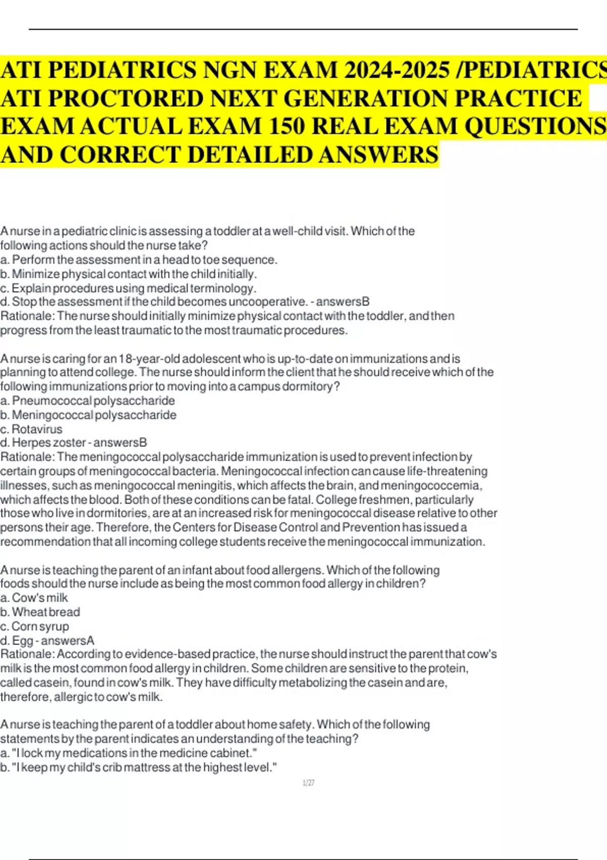 ATI PEDIATRICS NGN EXAM /PEDIATRICS ATI PROCTORED NEXT GENERATION ...