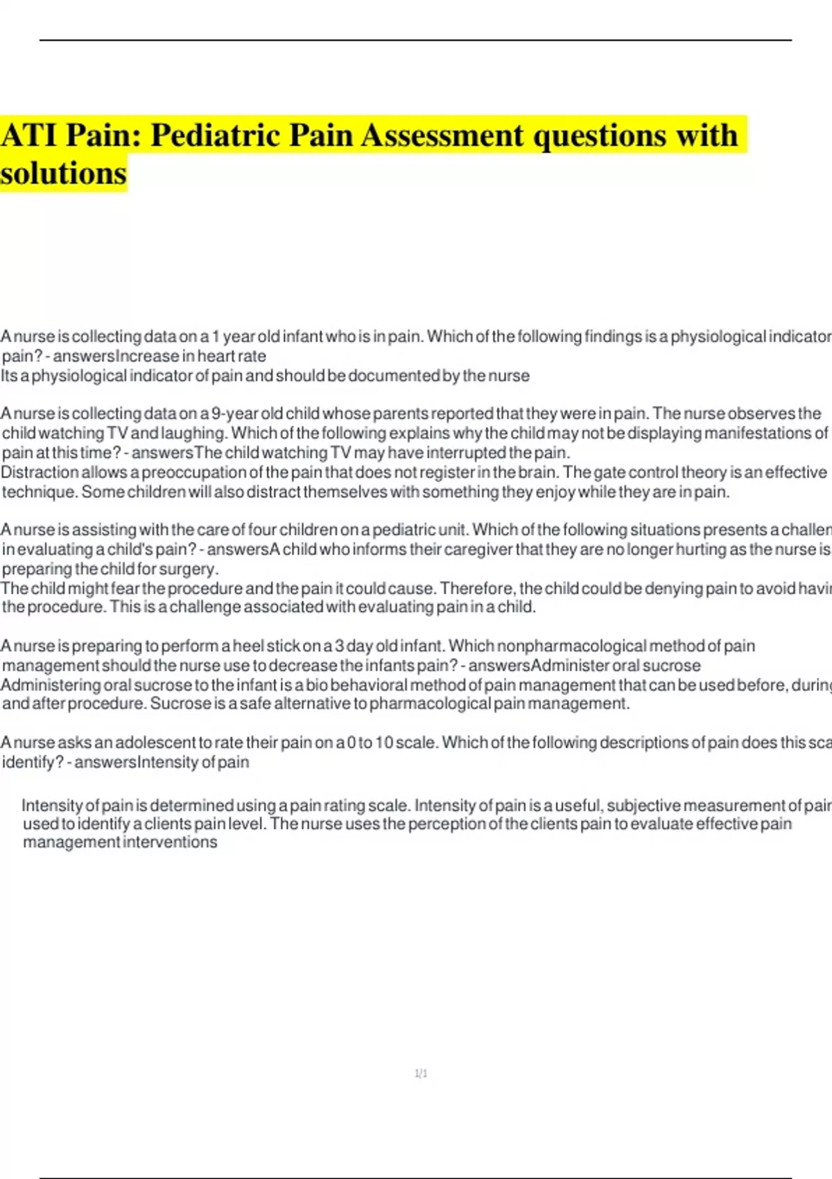 ATI Pain: Pediatric Pain Assessment questions with solutions - ATI Pain ...