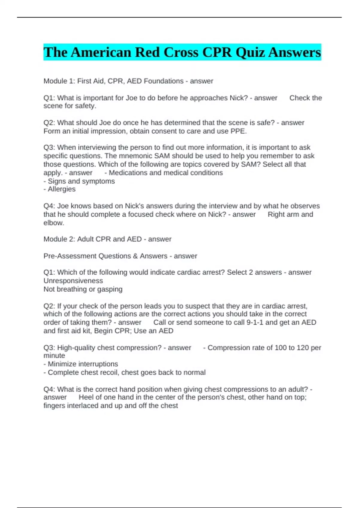 The American Red Cross CPR Quiz Answers - AMERICAN RED CROSS - Stuvia US