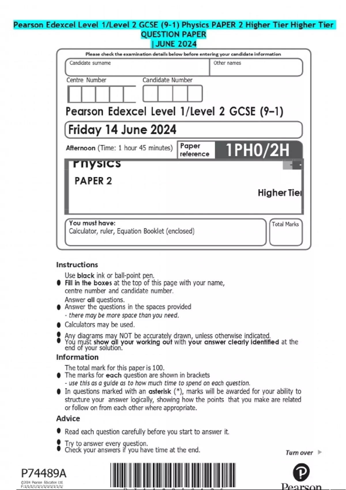 Pearson Edexcel Level 1/Level 2 GCSE (9–1) Physics PAPER 2 Higher Tier ...