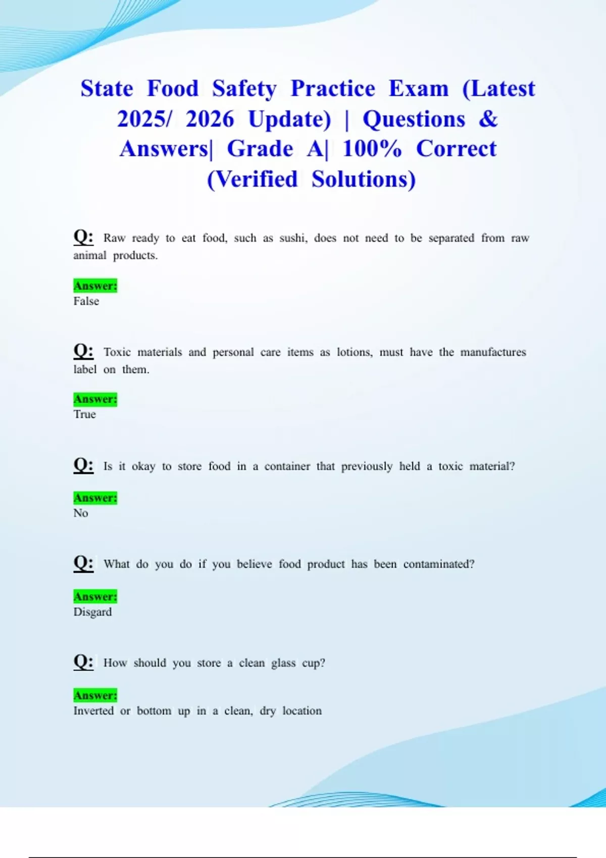 State Food Safety Practice Exam (Latest 2025/ 2026 Update) | Questions ...