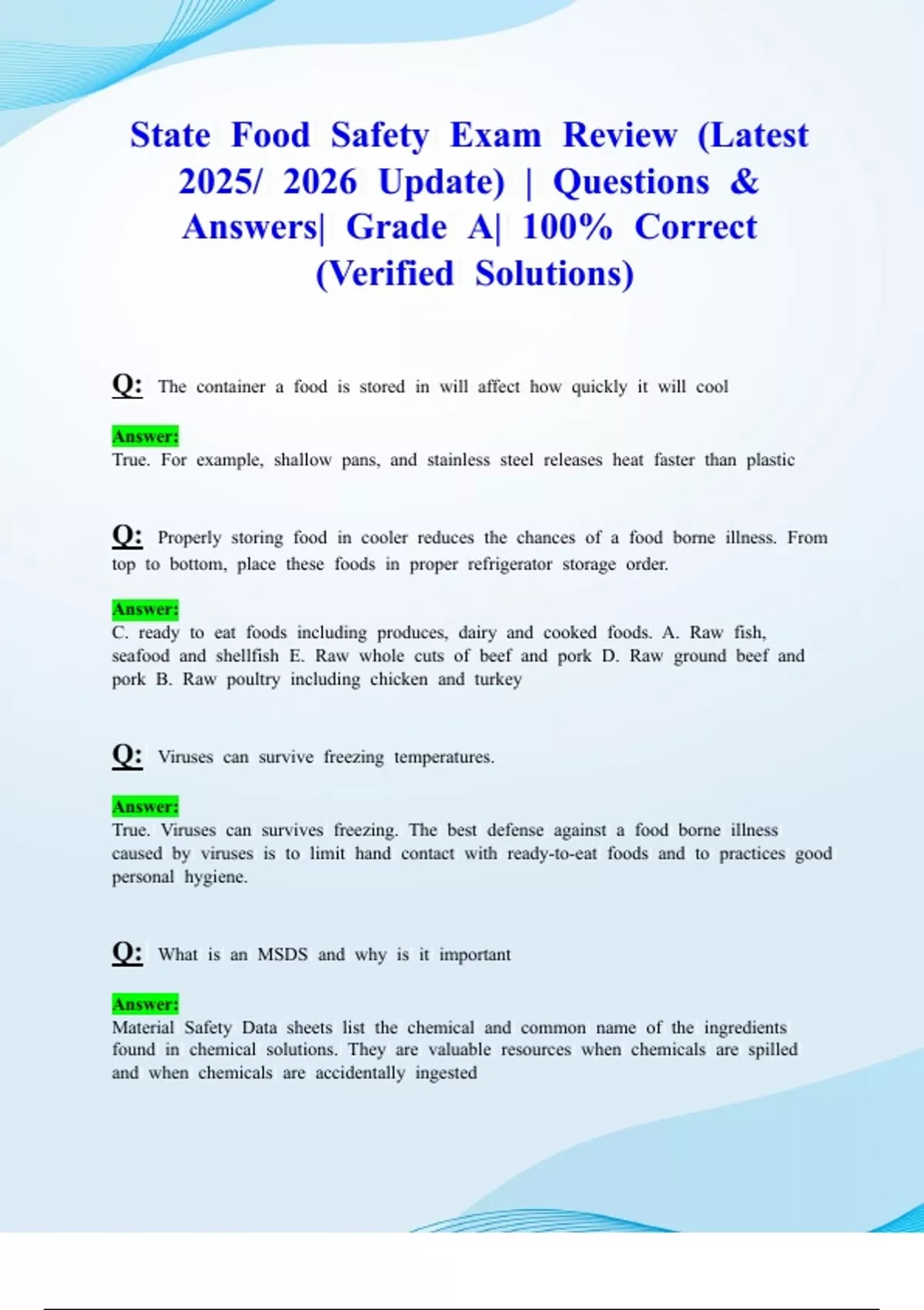 State Food Safety Exam Review (Latest 2025/ 2026 Update) | Questions ...