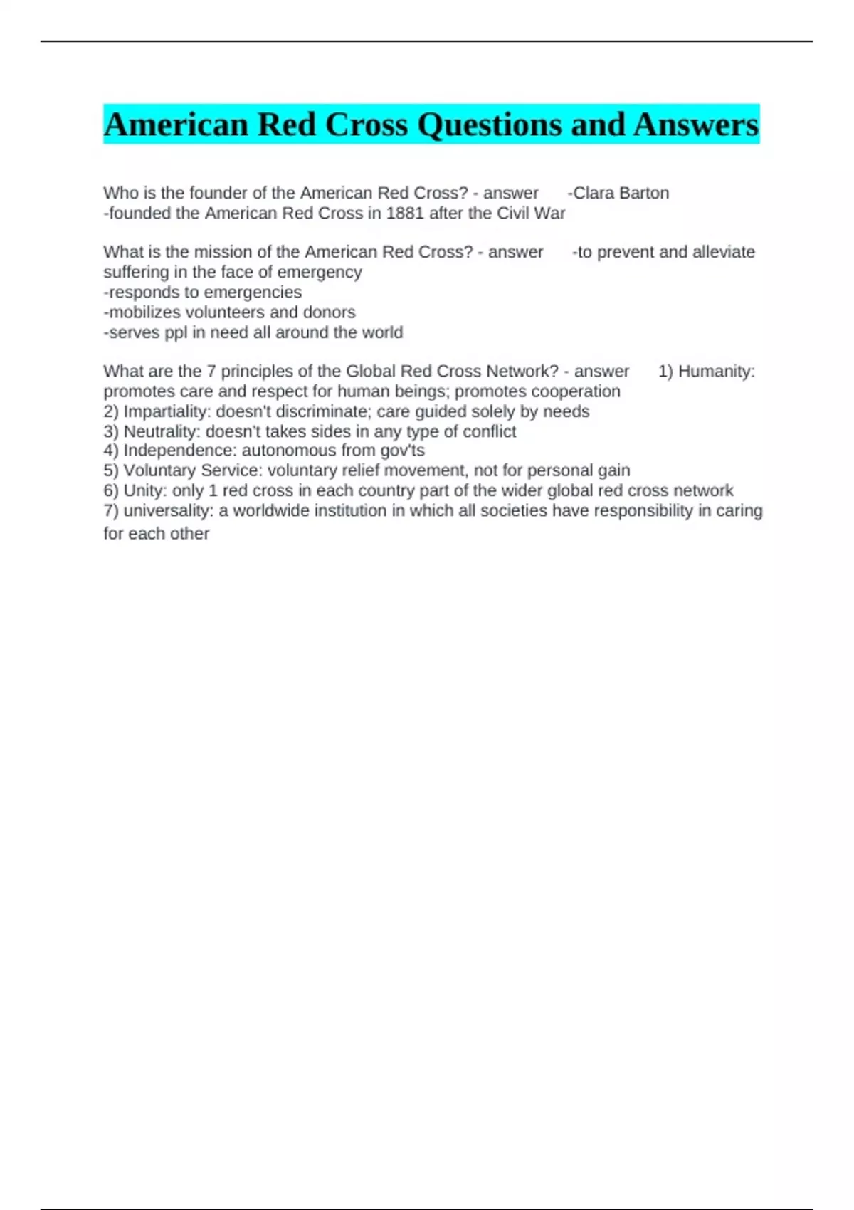 American Red Cross Questions and Answers - AMERICAN RED CROSS - Stuvia US