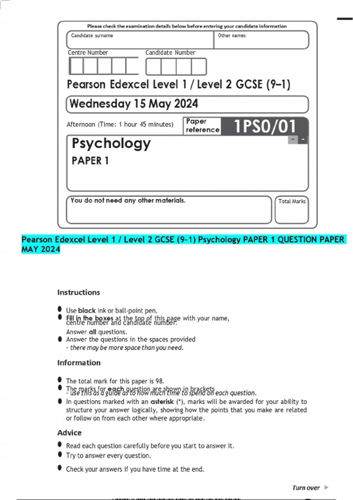 Pearson Edexcel Level 1 / Level 2 GCSE (9–1) Psychology PAPER 1 ...