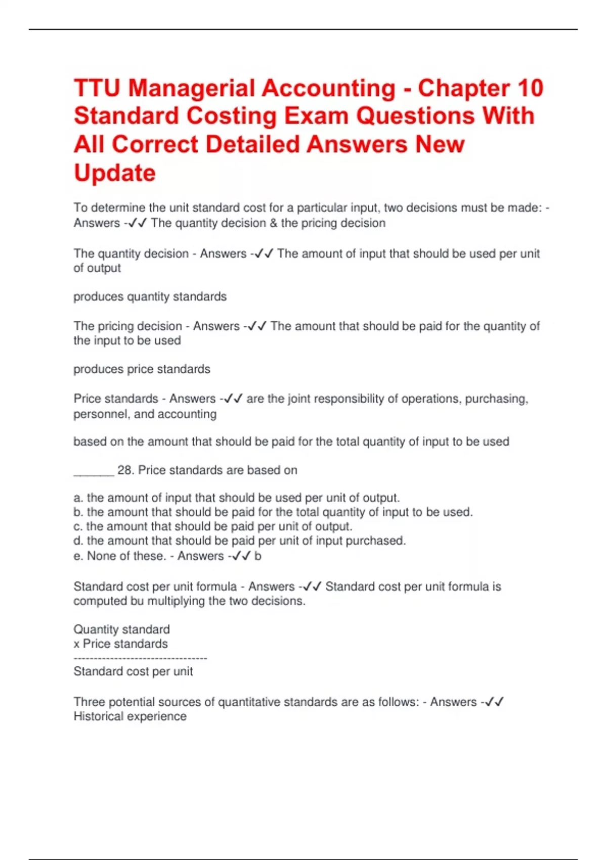 TTU Managerial Accounting - Chapter 10 Standard Costing Exam Questions ...
