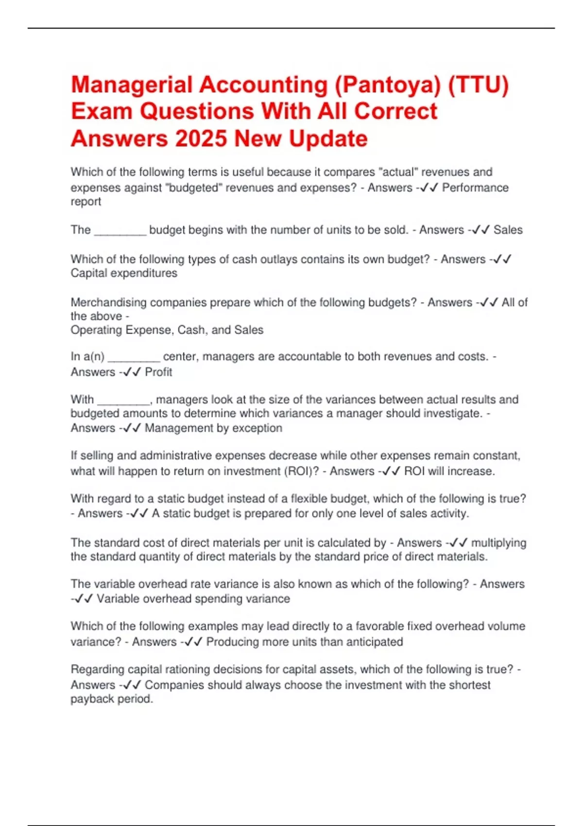 Managerial Accounting (Pantoya) (TTU) Exam Questions With All Correct Answers 2025 New Update ...