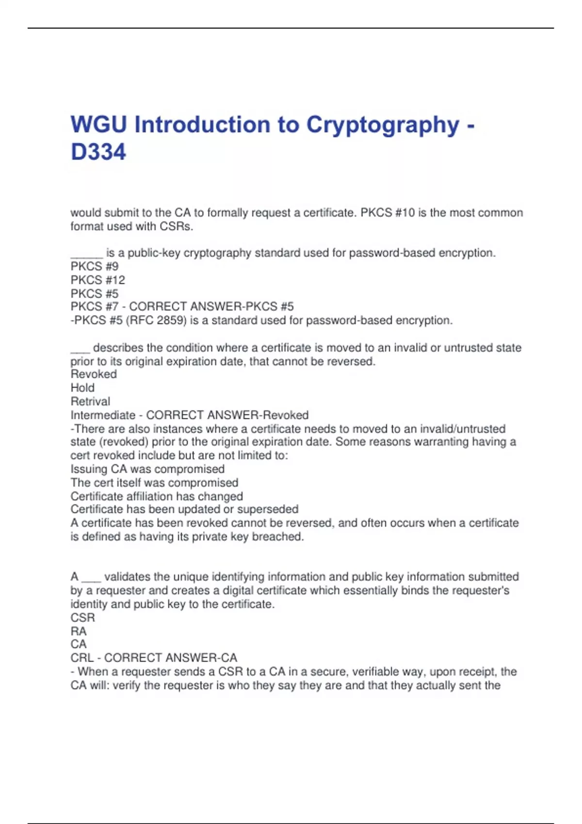 WGU Introduction to Cryptography - D334 NEWEST 2025/2026 ACTUAL EXAM COMPLETEQUESTIONS AND ...