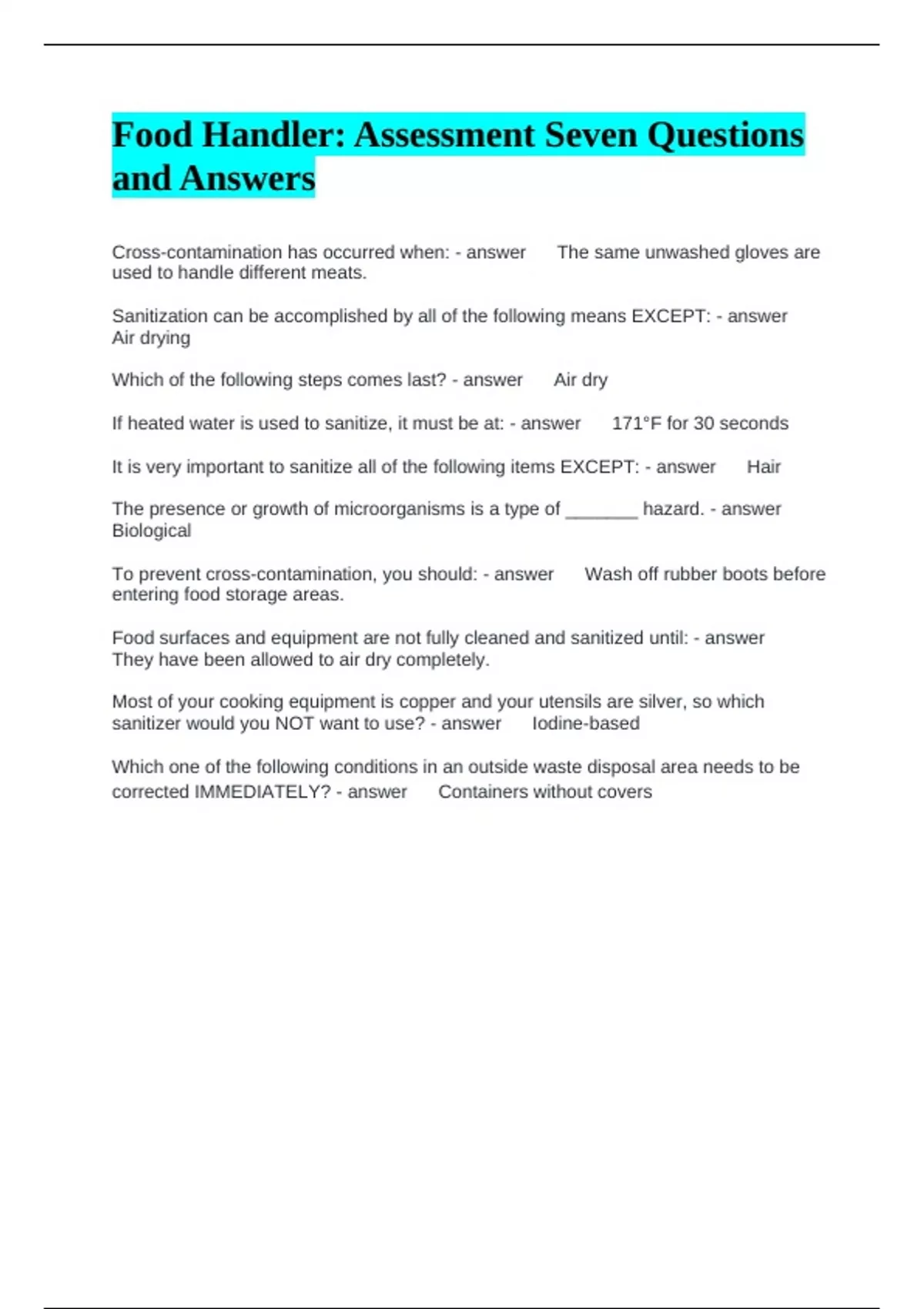 Food Handler: Assessment Seven Questions and Answers - FOOD HANDLERS ...