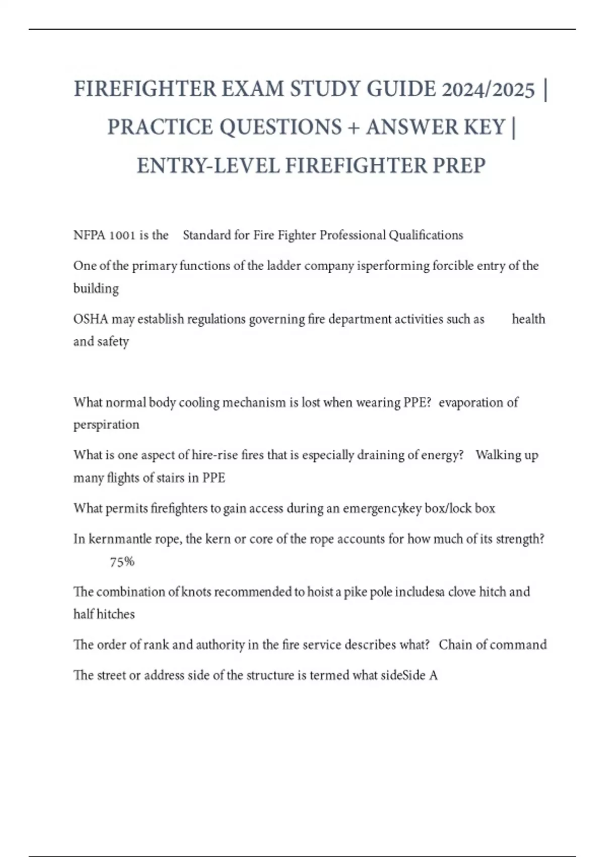 FIREFIGHTER EXAM STUDY GUIDE 2024/2025 | PRACTICE QUESTIONS + ANSWER KEY | ENTRY-LEVEL ...