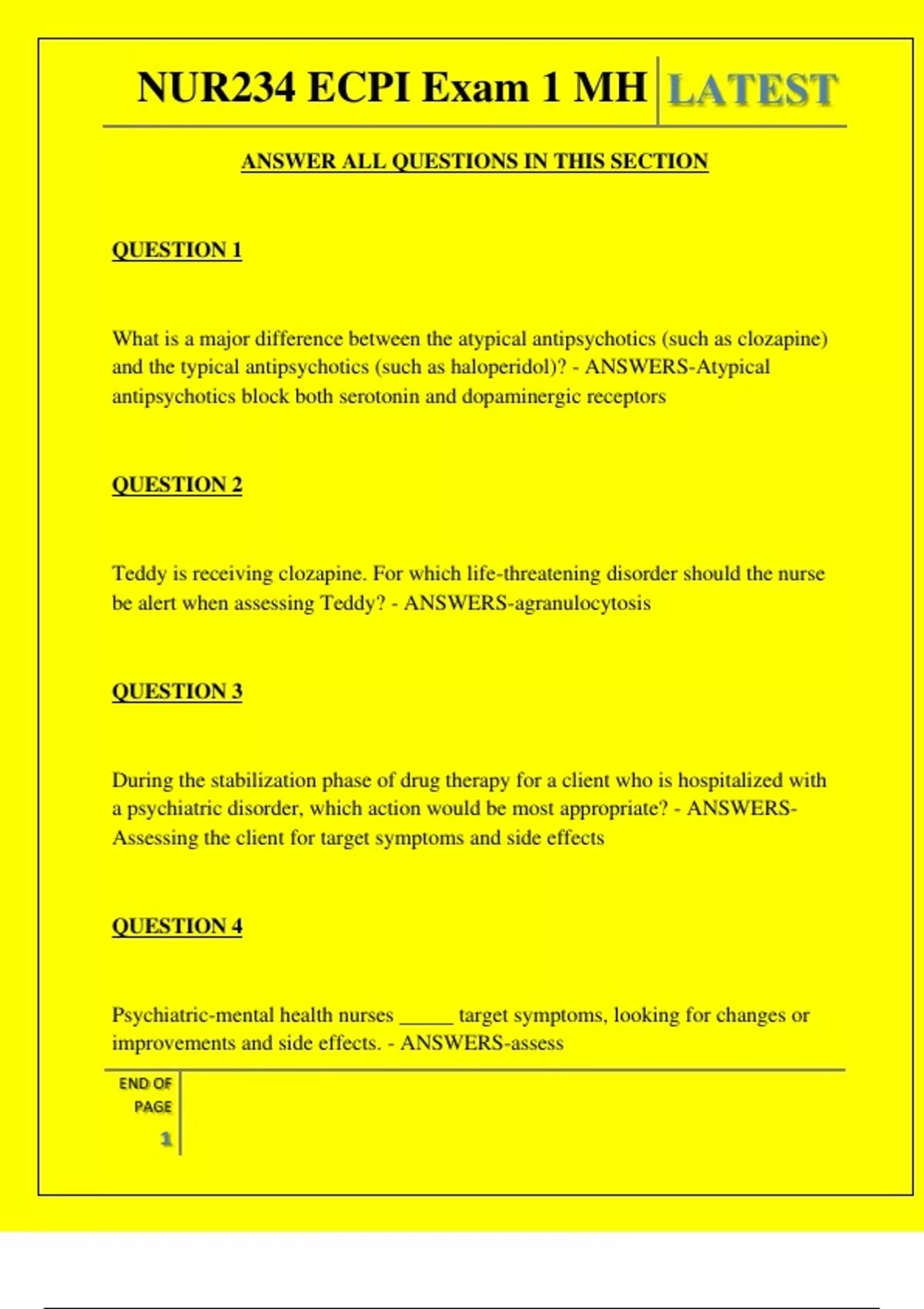 NUR234 ECPI – Mental Health Exam 1 Practice Questions with Answers ...