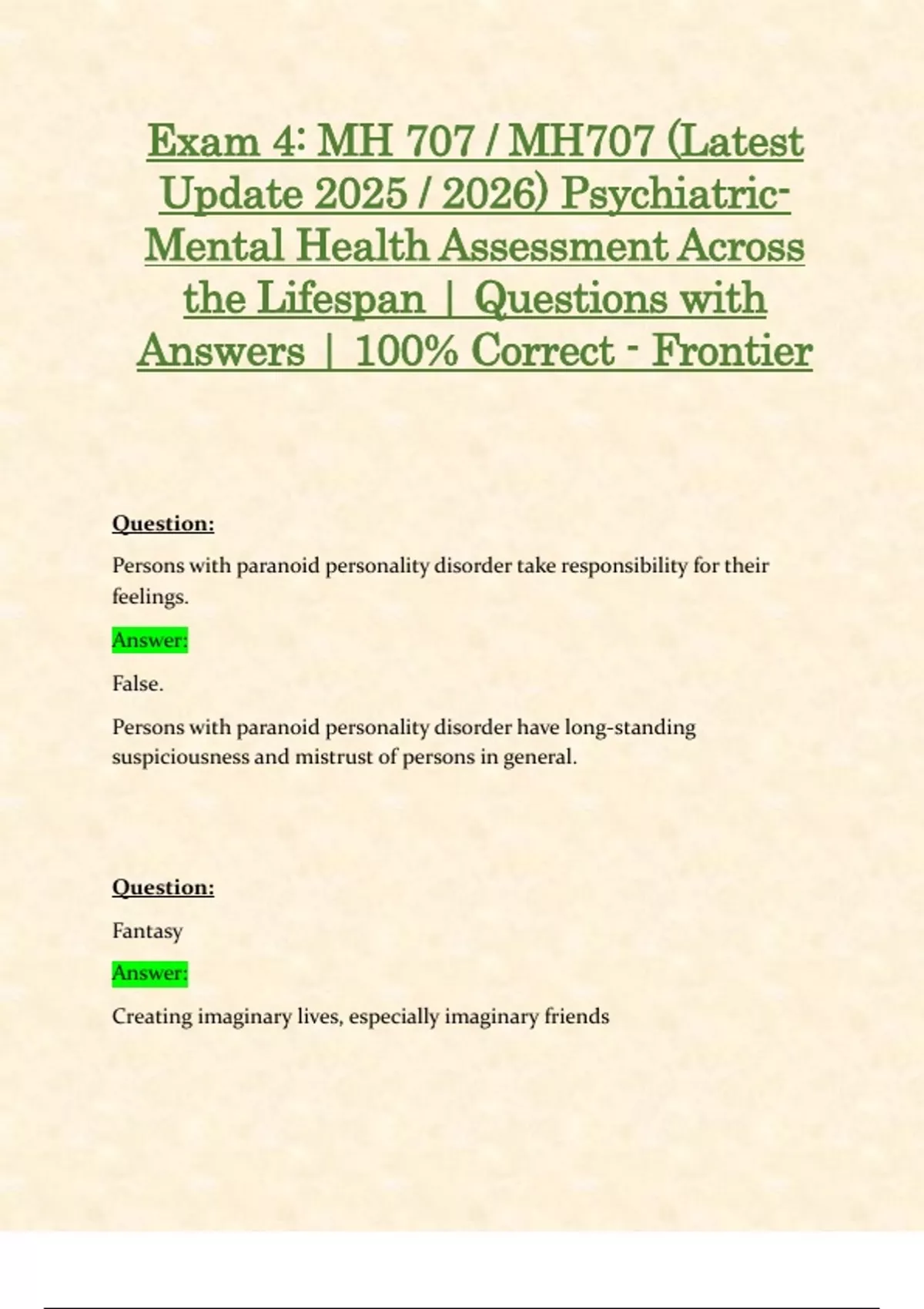Exam 4: MH 707 / MH707 (Latest Update 2025 / 2026) Psychiatric-Mental ...