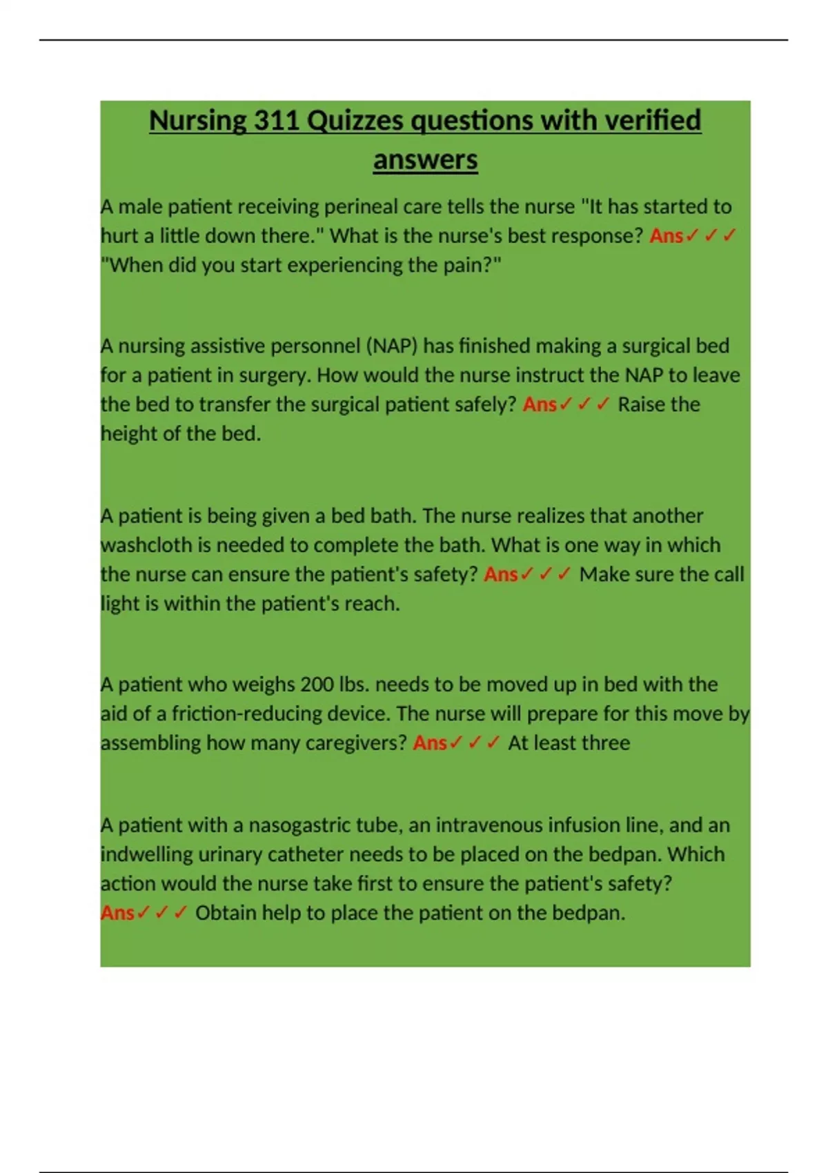 NURS 311 – Quiz Questions with Verified Answers – Fundamentals of ...