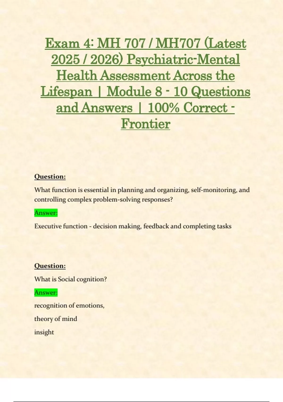 Exam 4: MH 707 / MH707 (Latest 2025 / 2026) Psychiatric-Mental Health ...