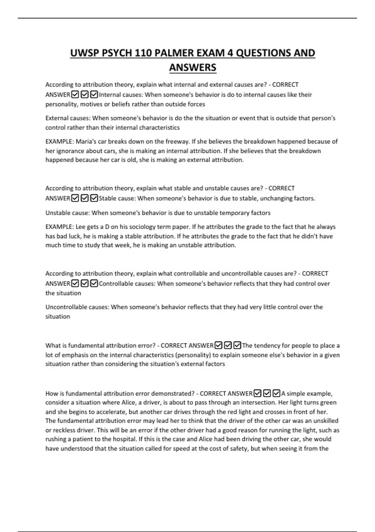 UWSP PSYCH 110 PALMER EXAM 4 QUESTIONS AND ANSWERS - UWSP PSYCH 110 ...