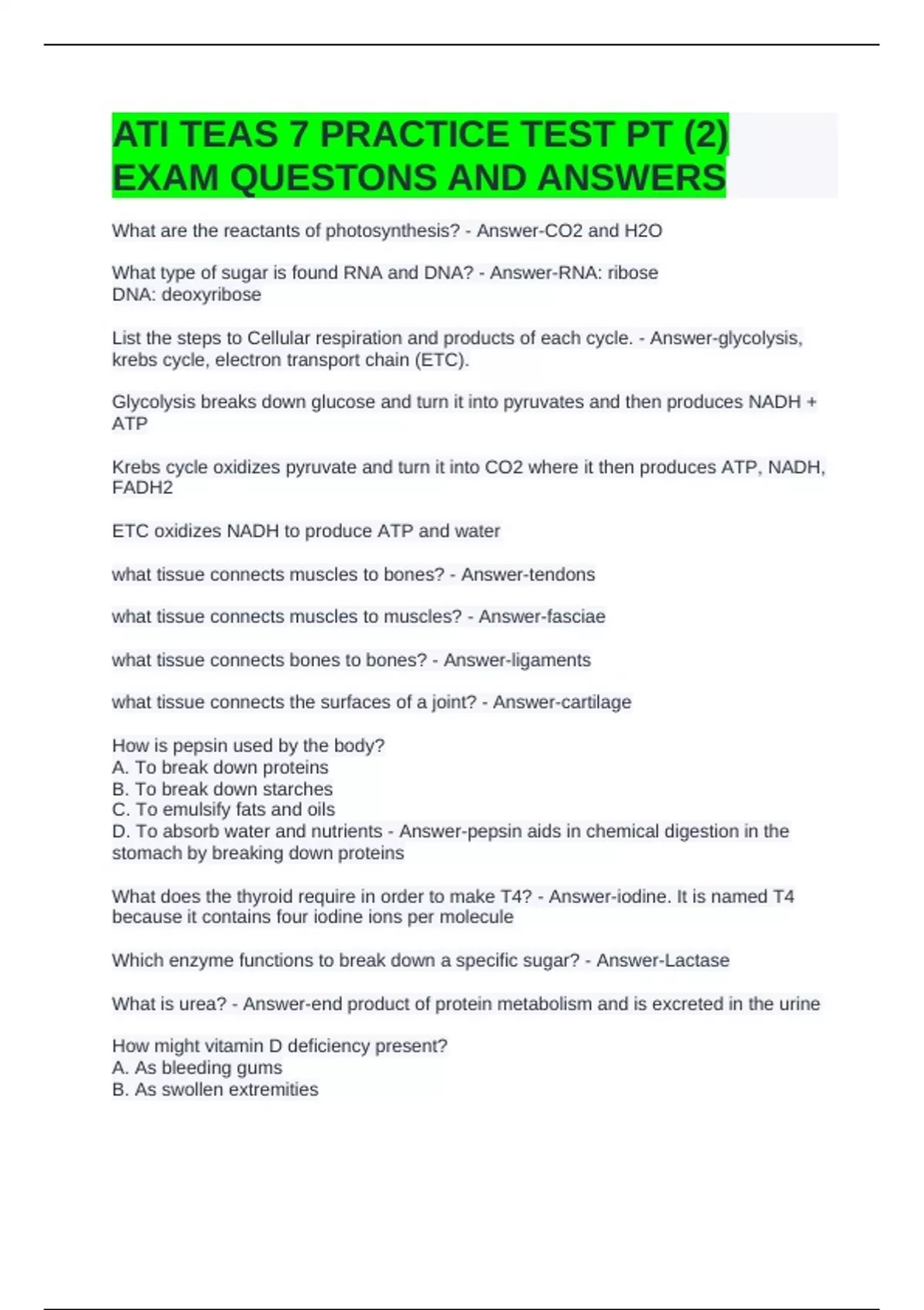 ATI TEAS 7 PRACTICE TEST PT (2) EXAM QUESTONS AND ANSWERS - RESPIRATORY ...