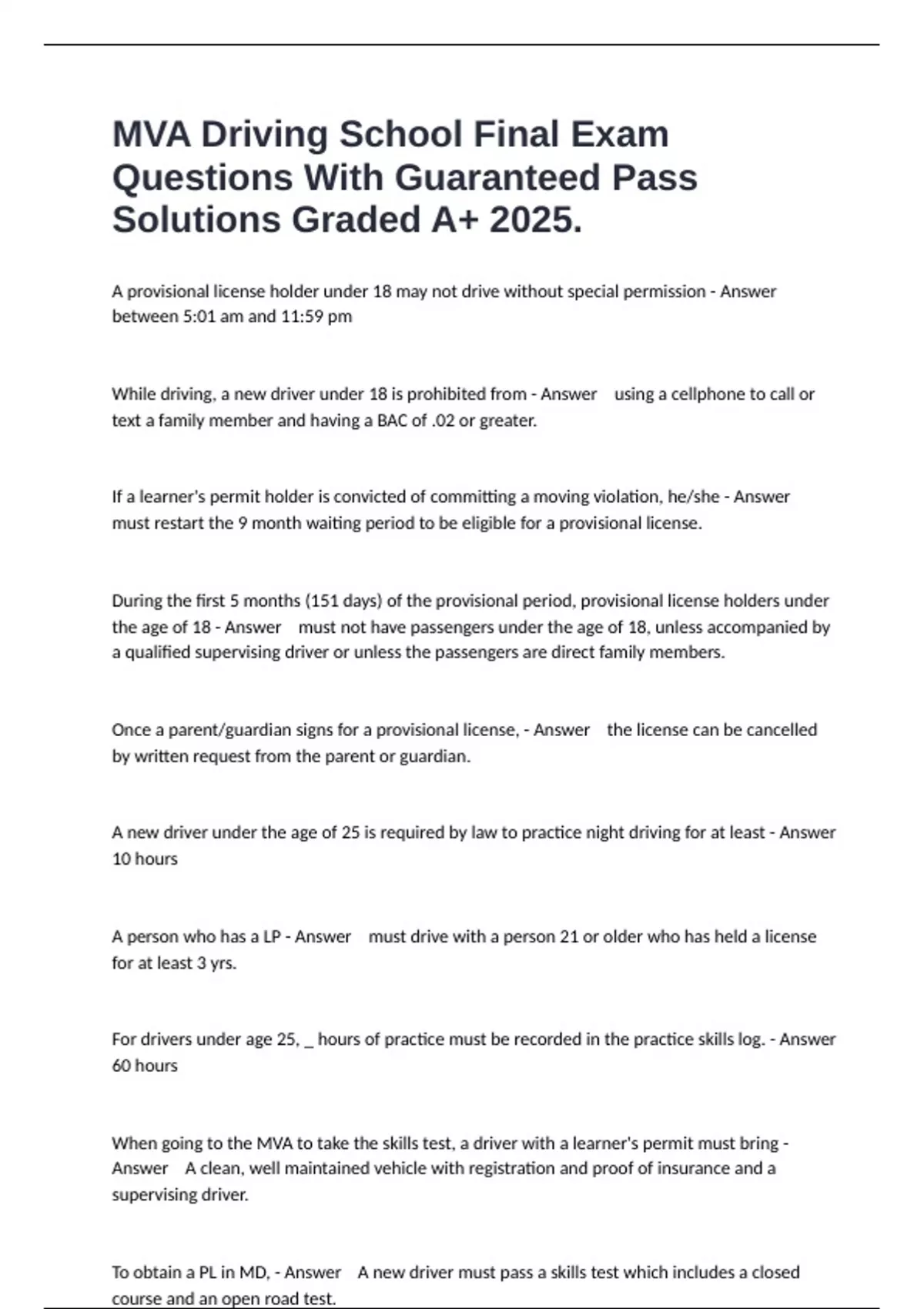 MVA Driving School Final Exam Questions With Guaranteed Pass Solutions ...