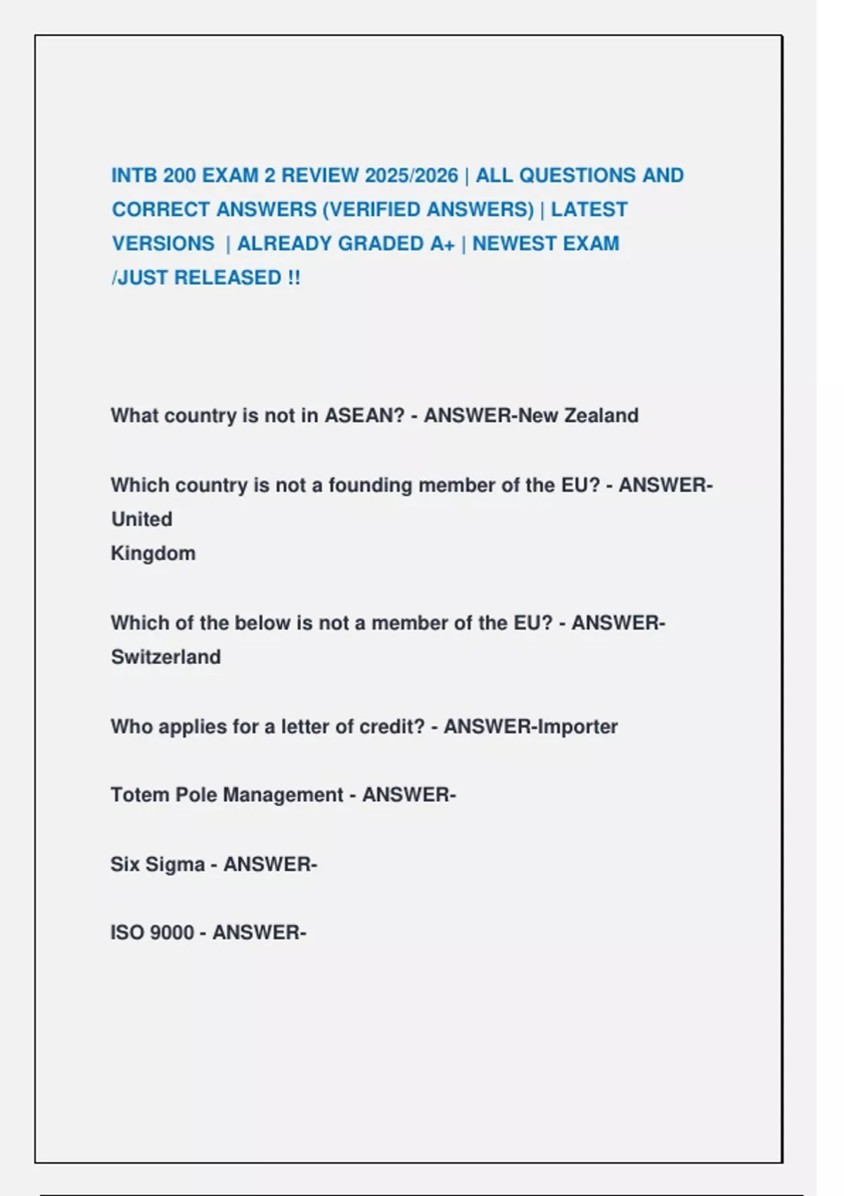 INTB 200 EXAM 2 REVIEW 2025/2026 | ALL QUESTIONS AND CORRECT ANSWERS ...