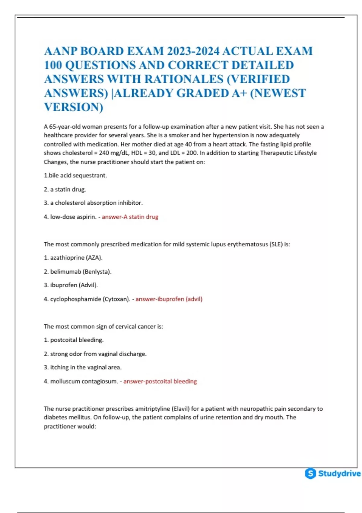 AANP BOARD EXAM ACTUAL EXAM 100 QUESTIONS AND CORRECT DETAILED ANSWERS ...