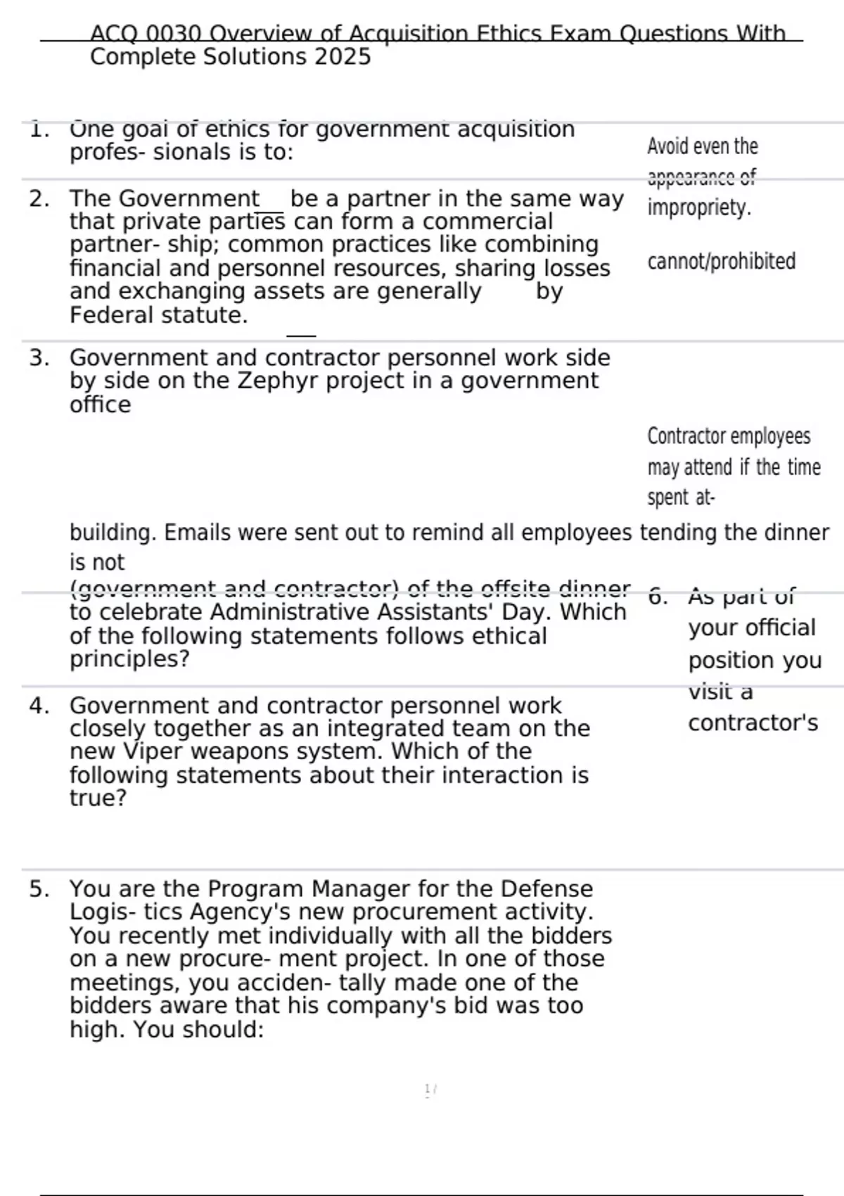 ACQ 0030 Overview of Acquisition Ethics Exam Questions With Complete ...