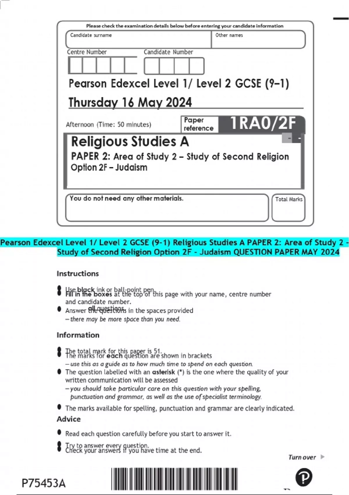 Pearson Edexcel Level 1/ Level 2 GCSE (9–1) Religious Studies A PAPER 2 ...
