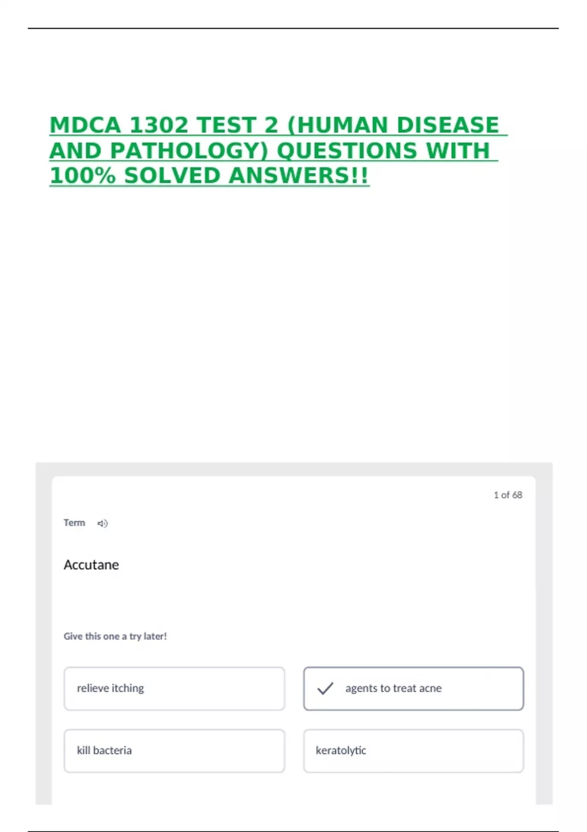 MDCA 1302 TEST 2 (HUMAN DISEASE AND PATHOLOGY) QUESTIONS WITH 100% ...
