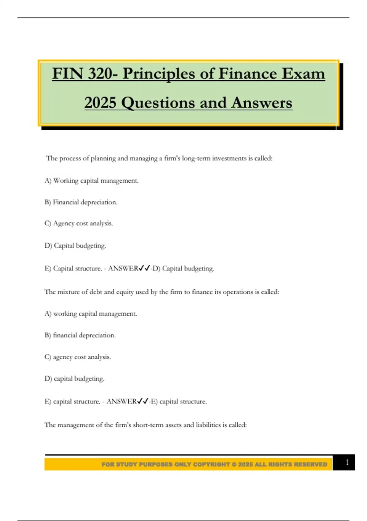 FIN 320- Principles of Finance Exam 2025 Questions and Answers - FIN ...